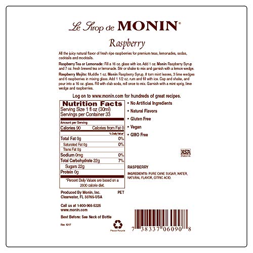 Monin - Raspberry Syrup, Sweet and Tart, Great for Cocktails and Lemonades, Gluten-Free, Non-GMO (1 Liter)