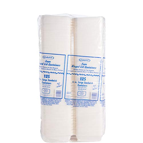 Dart 60HT1 6 in Lg Sandwich Foam Hinged Container (Case of 500), White,5.9" Length x 6" Width x 3" Height