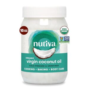 nutiva organic coconut oil 15 fl oz, cold-pressed, fresh flavor for cooking, natural hair, skin, massage oil and, non-gmo, usda organic, unrefined extra virgin coconut oil (aceite de coco)