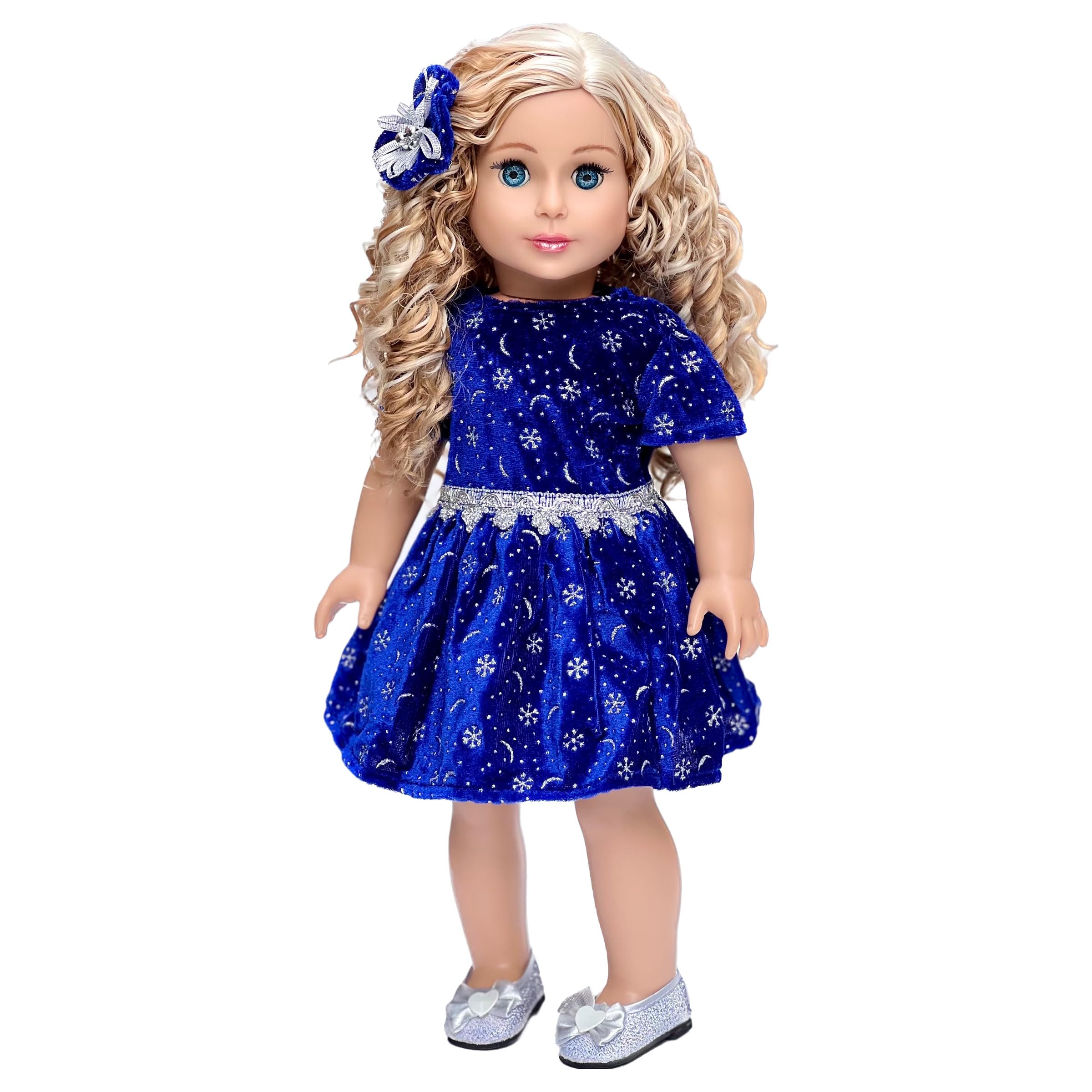 - Midnight Blue - 3 Piece Outfit - Dark Blue Sparkling Holiday Dress with Matching Silver Shoes and Headpiece - Clothes Fits 18 Inch Doll (Doll Not Included)