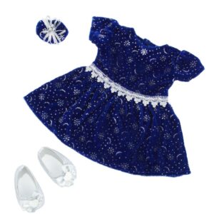 - Midnight Blue - 3 Piece Outfit - Dark Blue Sparkling Holiday Dress with Matching Silver Shoes and Headpiece - Clothes Fits 18 Inch Doll (Doll Not Included)