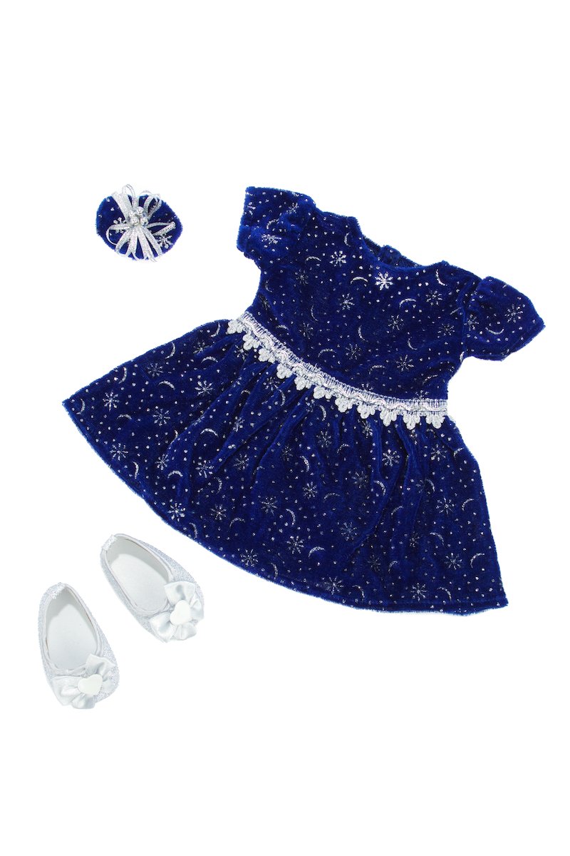 - Midnight Blue - 3 Piece Outfit - Dark Blue Sparkling Holiday Dress with Matching Silver Shoes and Headpiece - Clothes Fits 18 Inch Doll (Doll Not Included)