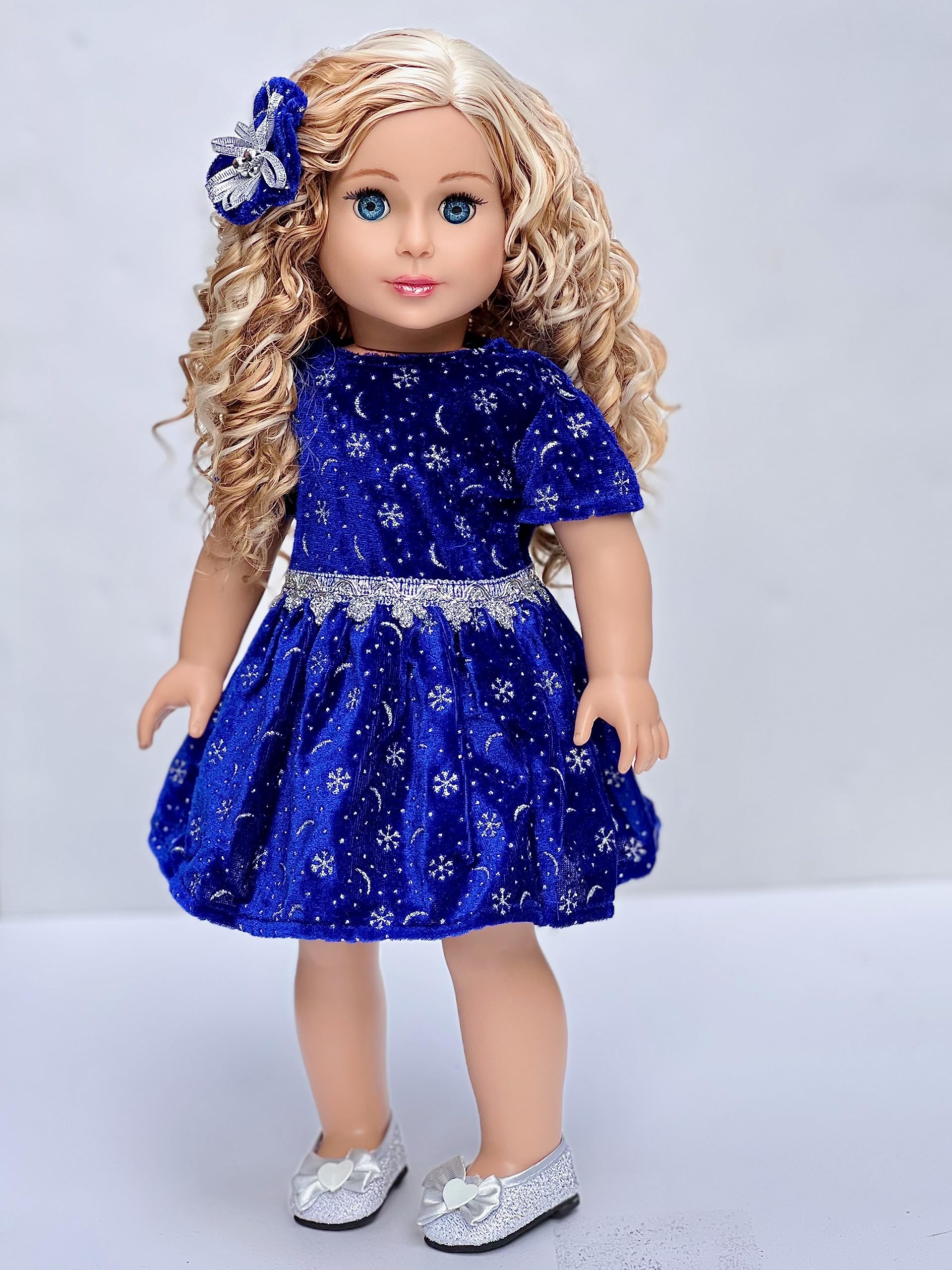 - Midnight Blue - 3 Piece Outfit - Dark Blue Sparkling Holiday Dress with Matching Silver Shoes and Headpiece - Clothes Fits 18 Inch Doll (Doll Not Included)