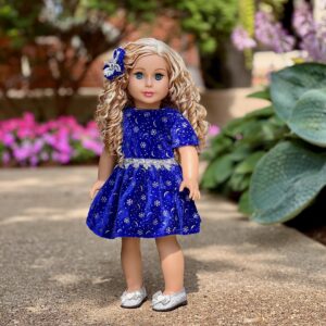 - Midnight Blue - 3 Piece Outfit - Dark Blue Sparkling Holiday Dress with Matching Silver Shoes and Headpiece - Clothes Fits 18 Inch Doll (Doll Not Included)