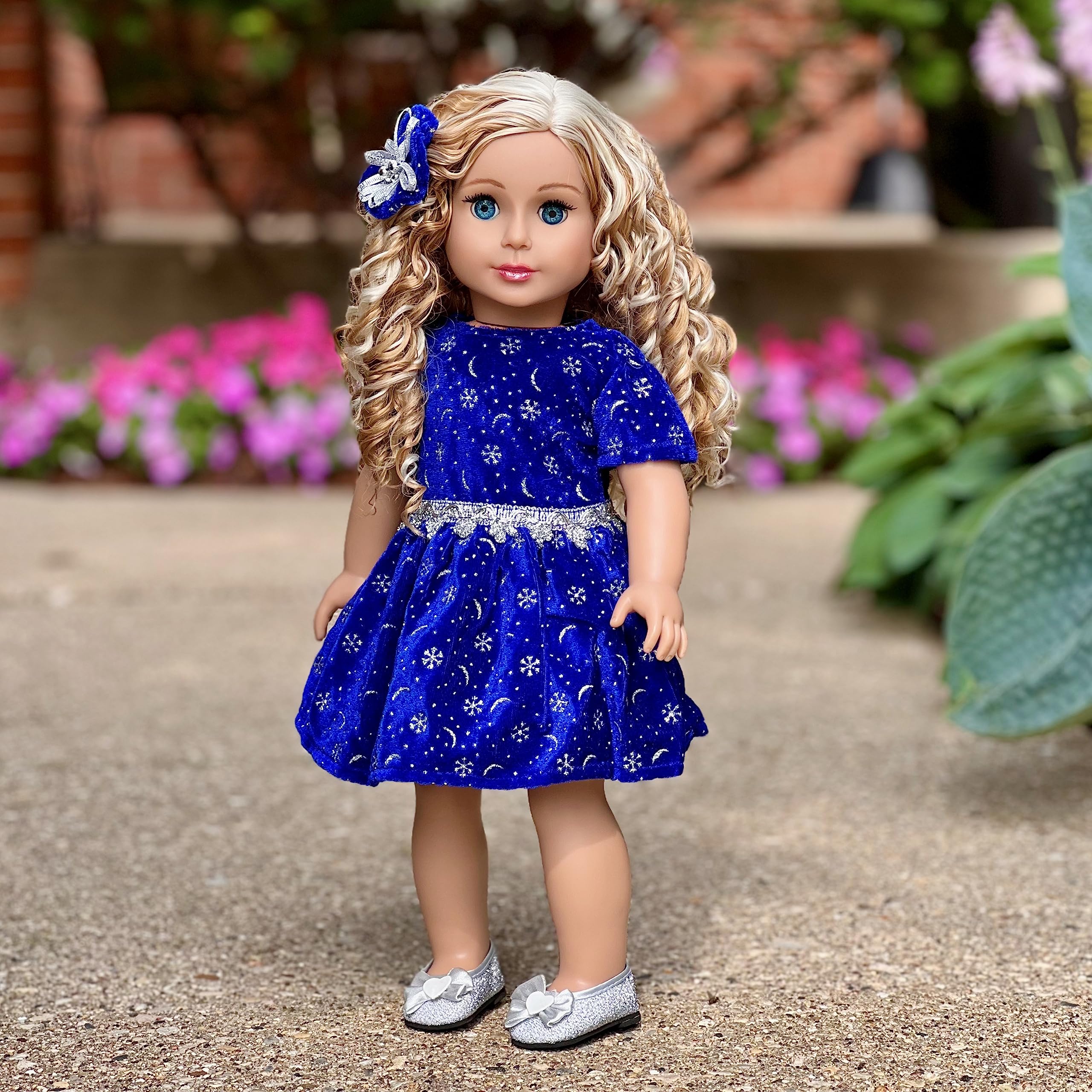 - Midnight Blue - 3 Piece Outfit - Dark Blue Sparkling Holiday Dress with Matching Silver Shoes and Headpiece - Clothes Fits 18 Inch Doll (Doll Not Included)