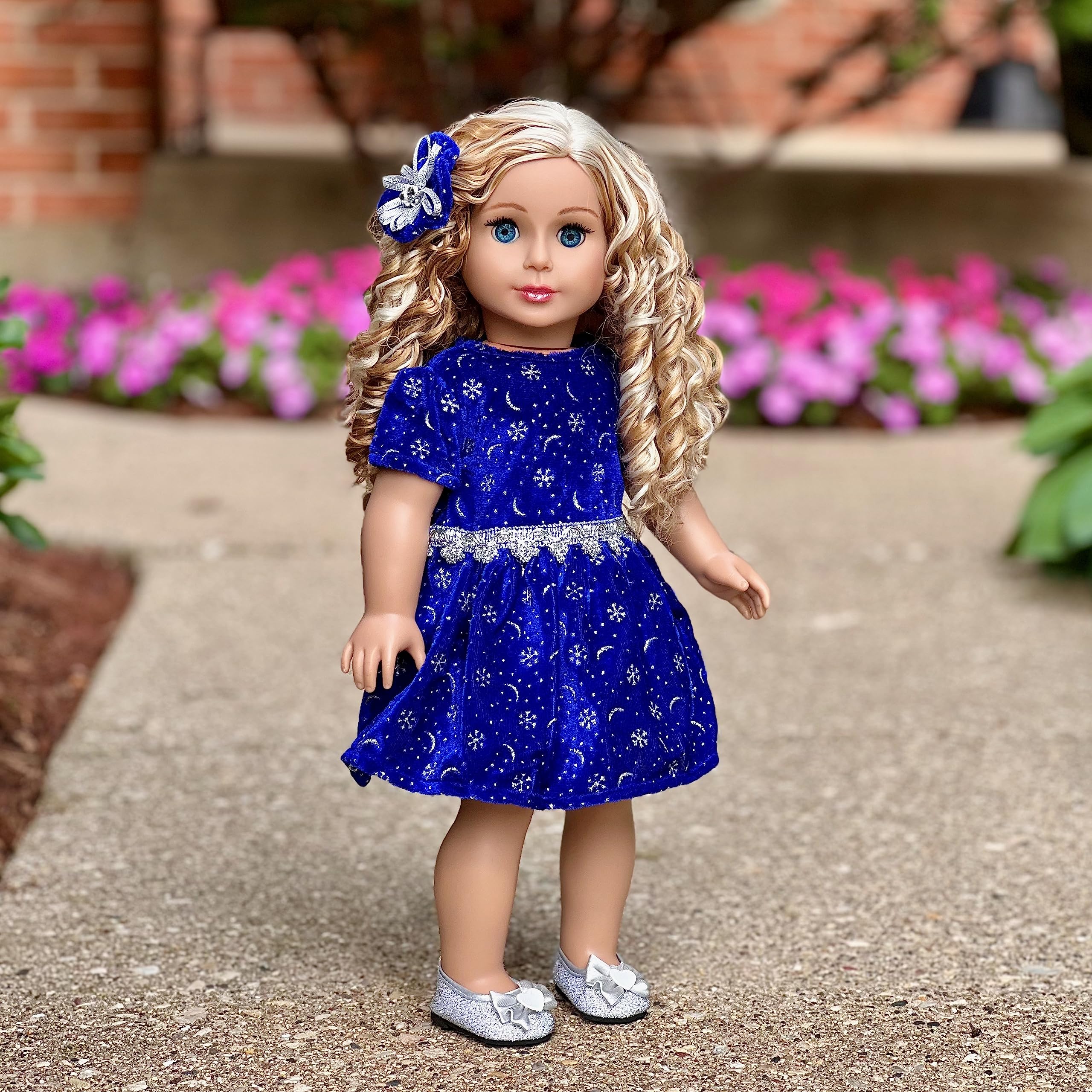 - Midnight Blue - 3 Piece Outfit - Dark Blue Sparkling Holiday Dress with Matching Silver Shoes and Headpiece - Clothes Fits 18 Inch Doll (Doll Not Included)