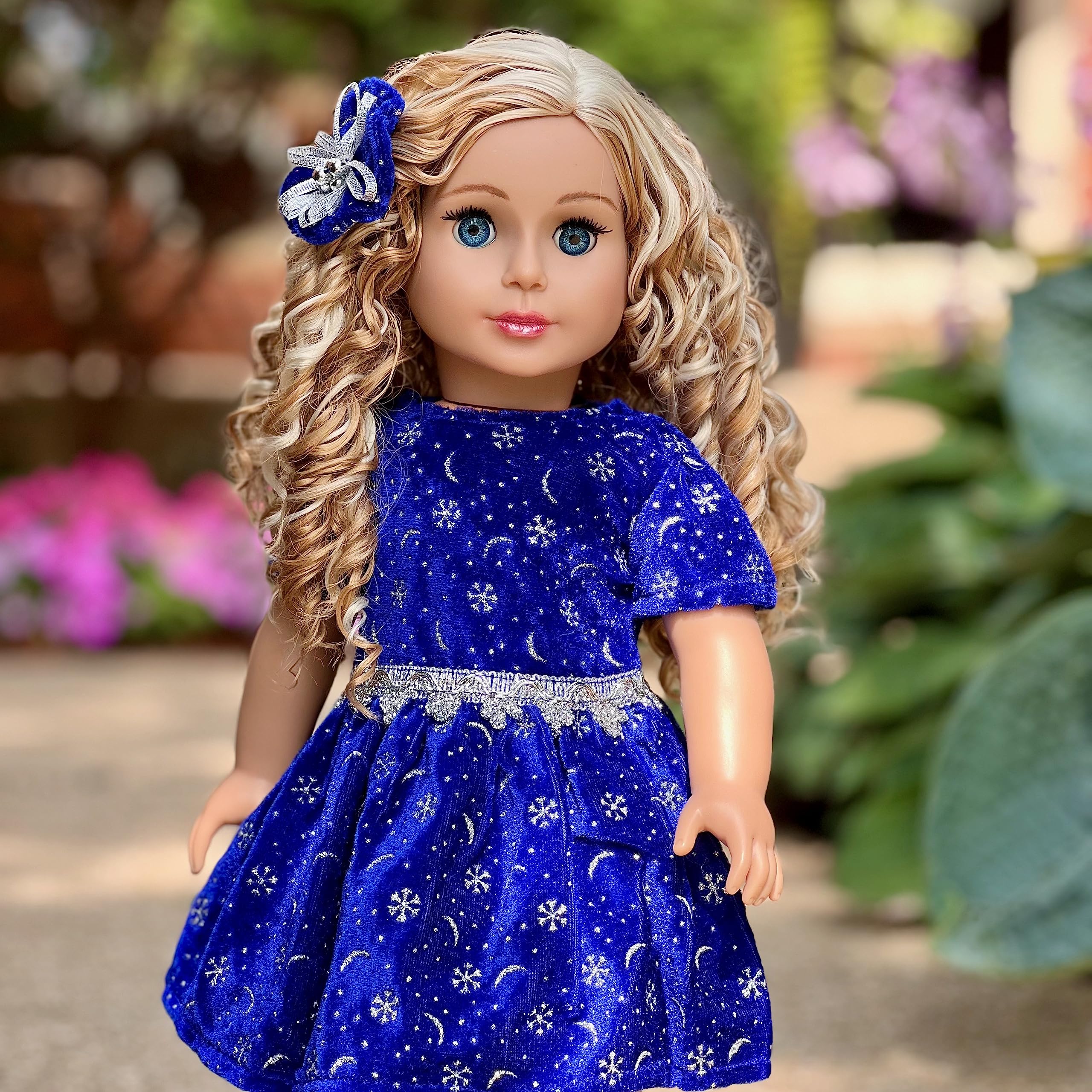 - Midnight Blue - 3 Piece Outfit - Dark Blue Sparkling Holiday Dress with Matching Silver Shoes and Headpiece - Clothes Fits 18 Inch Doll (Doll Not Included)