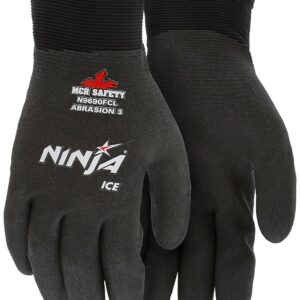 MCR Safety Gloves N9690FCM Ninja ICE Insulated Work Gloves 15 Gauge Black Nylon with Acrylic Terry Interior, HPT Coated, Medium, 1 Pair