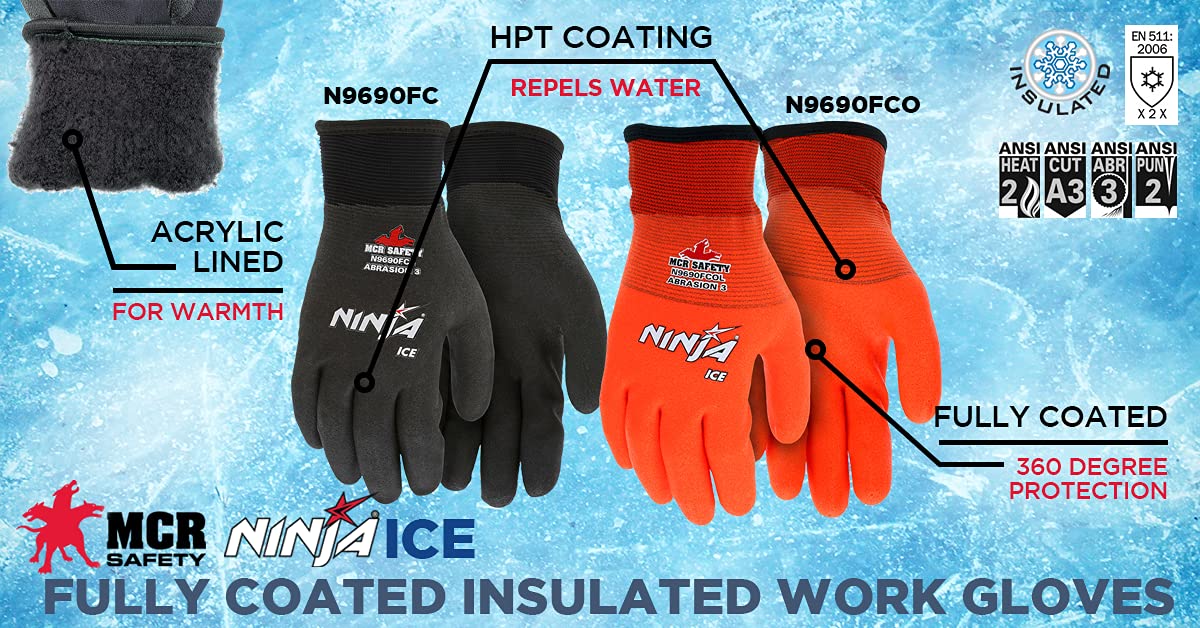 MCR Safety Gloves N9690FCM Ninja ICE Insulated Work Gloves 15 Gauge Black Nylon with Acrylic Terry Interior, HPT Coated, Medium, 1 Pair