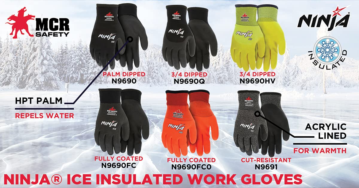 MCR Safety Gloves N9690FCM Ninja ICE Insulated Work Gloves 15 Gauge Black Nylon with Acrylic Terry Interior, HPT Coated, Medium, 1 Pair