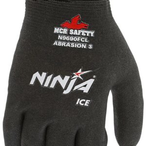 MCR Safety Gloves N9690FCL Ninja Ice Insulated Work Gloves 15-Gauge Black Nylon with Acrylic Terry Interior Fully Coated with HPT, Large, 1 Pair