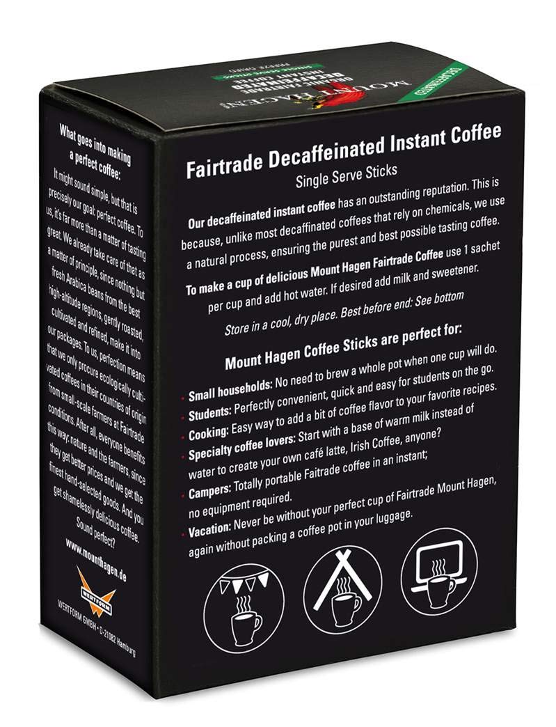 Mount Hagen 25 Count Single Serve Instant Decaf Coffee Packets | Decaffeinated Organic Medium Roast Arabica Beans | Eco-friendly, Fair-Trade [25 sticks/1.76oz/50g]