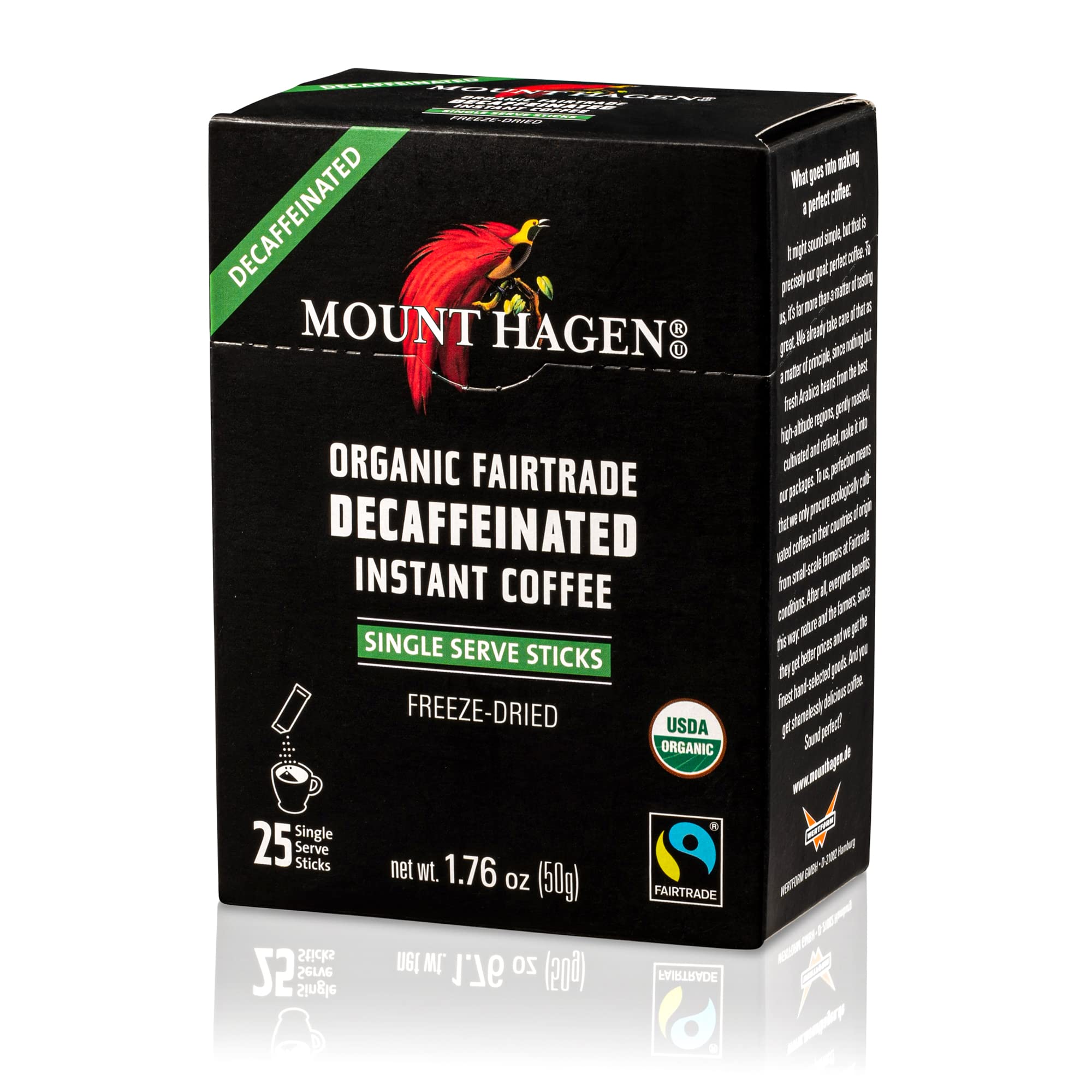 Mount Hagen 25 Count Single Serve Instant Decaf Coffee Packets | Decaffeinated Organic Medium Roast Arabica Beans | Eco-friendly, Fair-Trade [25 sticks/1.76oz/50g]