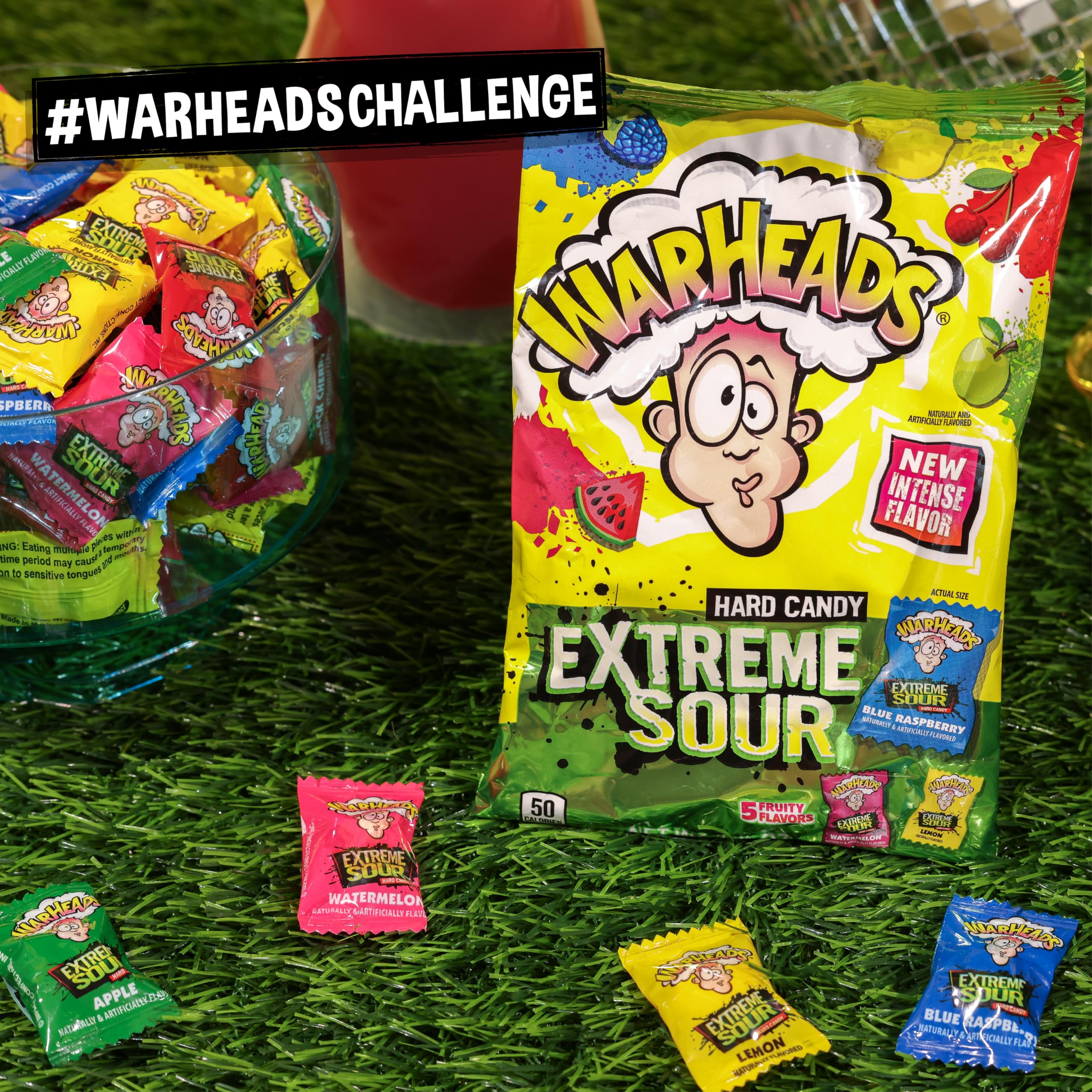 WARHEADS - Extreme Sour Hard Candy - Sour Apple, Black Cherry, Blue Raspberry, Lemon & Watermelon Flavors - 34 oz. Tub with 240 Pieces of Candy