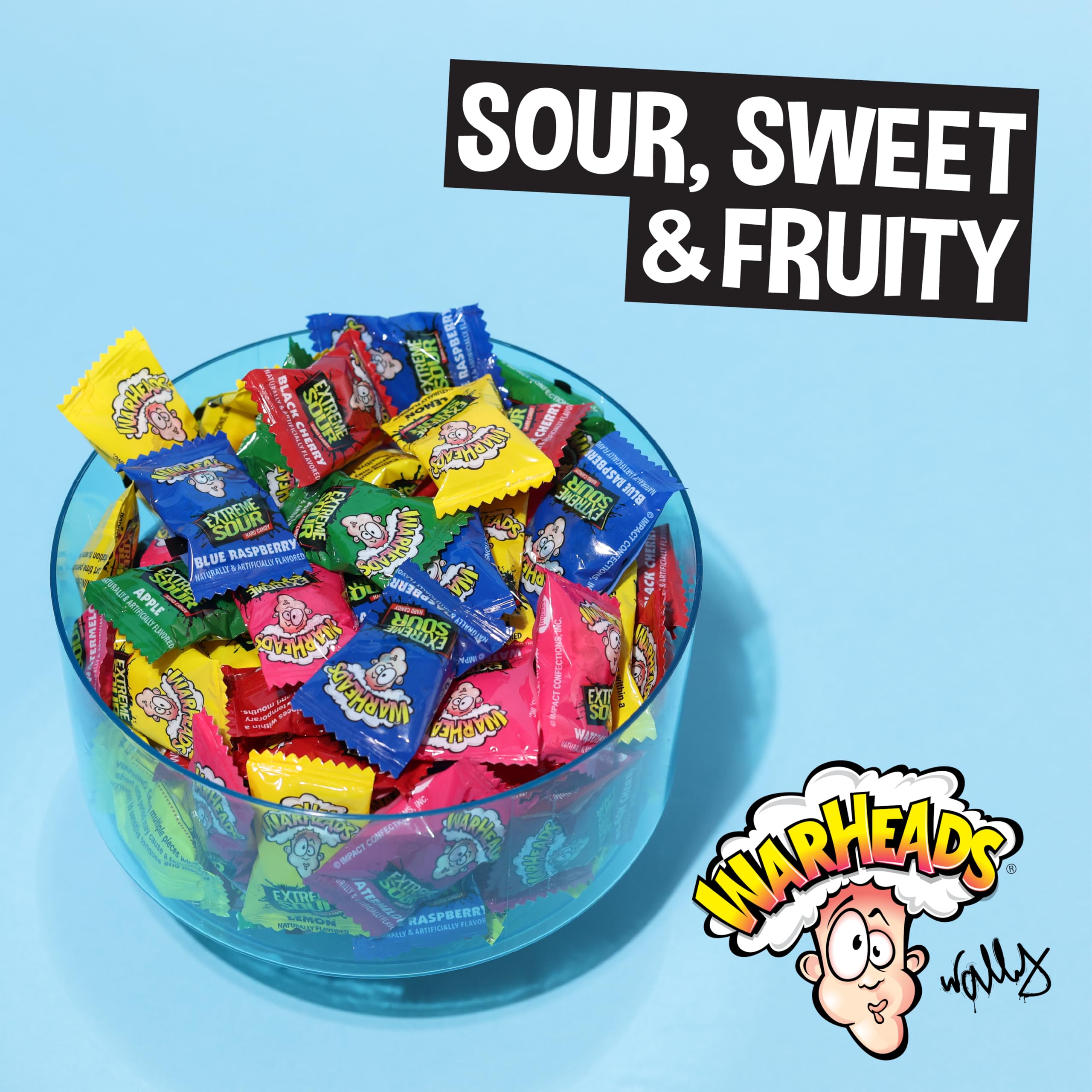 WARHEADS - Extreme Sour Hard Candy - Sour Apple, Black Cherry, Blue Raspberry, Lemon & Watermelon Flavors - 34 oz. Tub with 240 Pieces of Candy