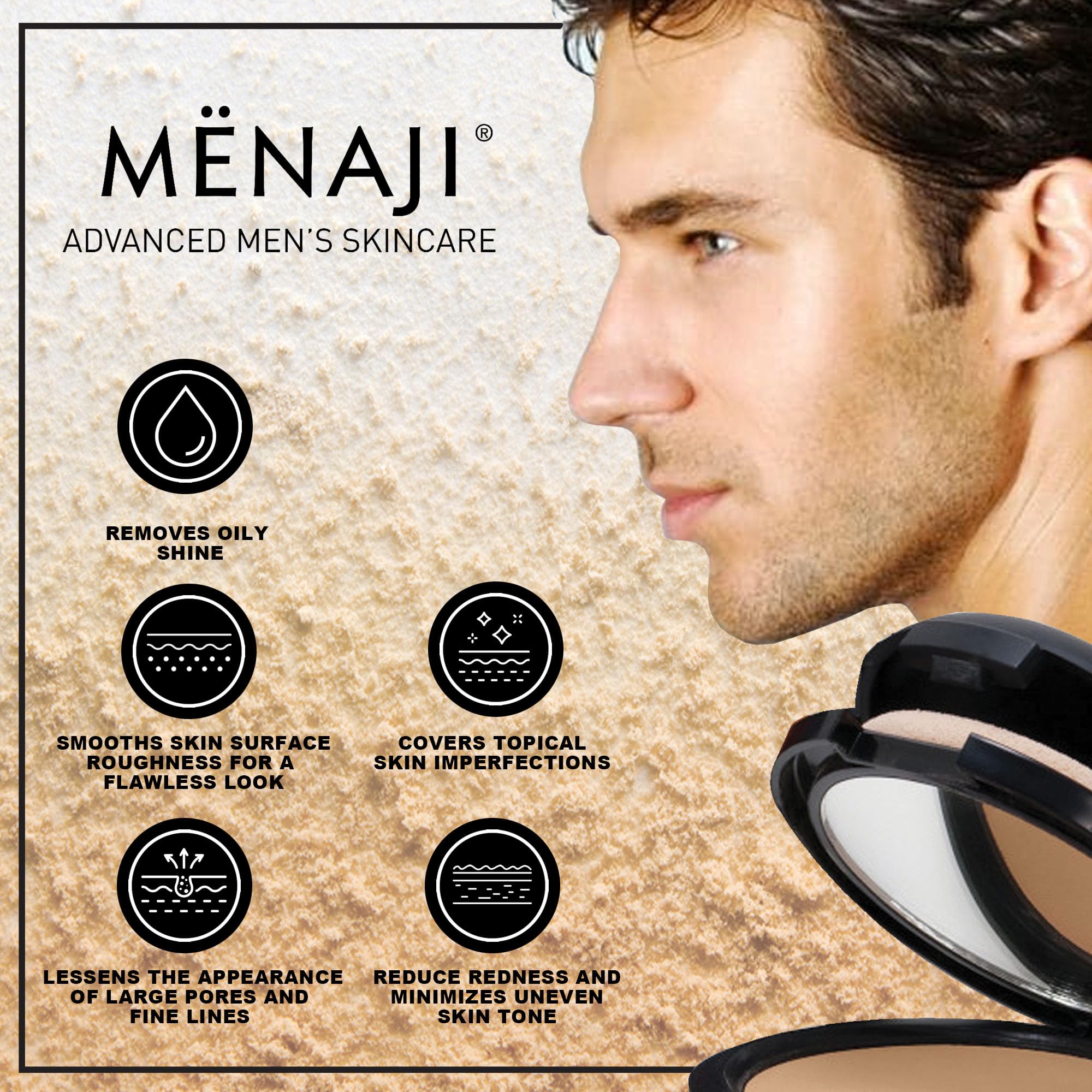 Menaji HDPV Anti-Shine Powder (Medium) | Anti-Shine Face Make-Up for Men | High-Definition Face Powder | Skin-Friendly Face Powder for Men | All-Occasion Face Powder | Contains Vitamin C & E