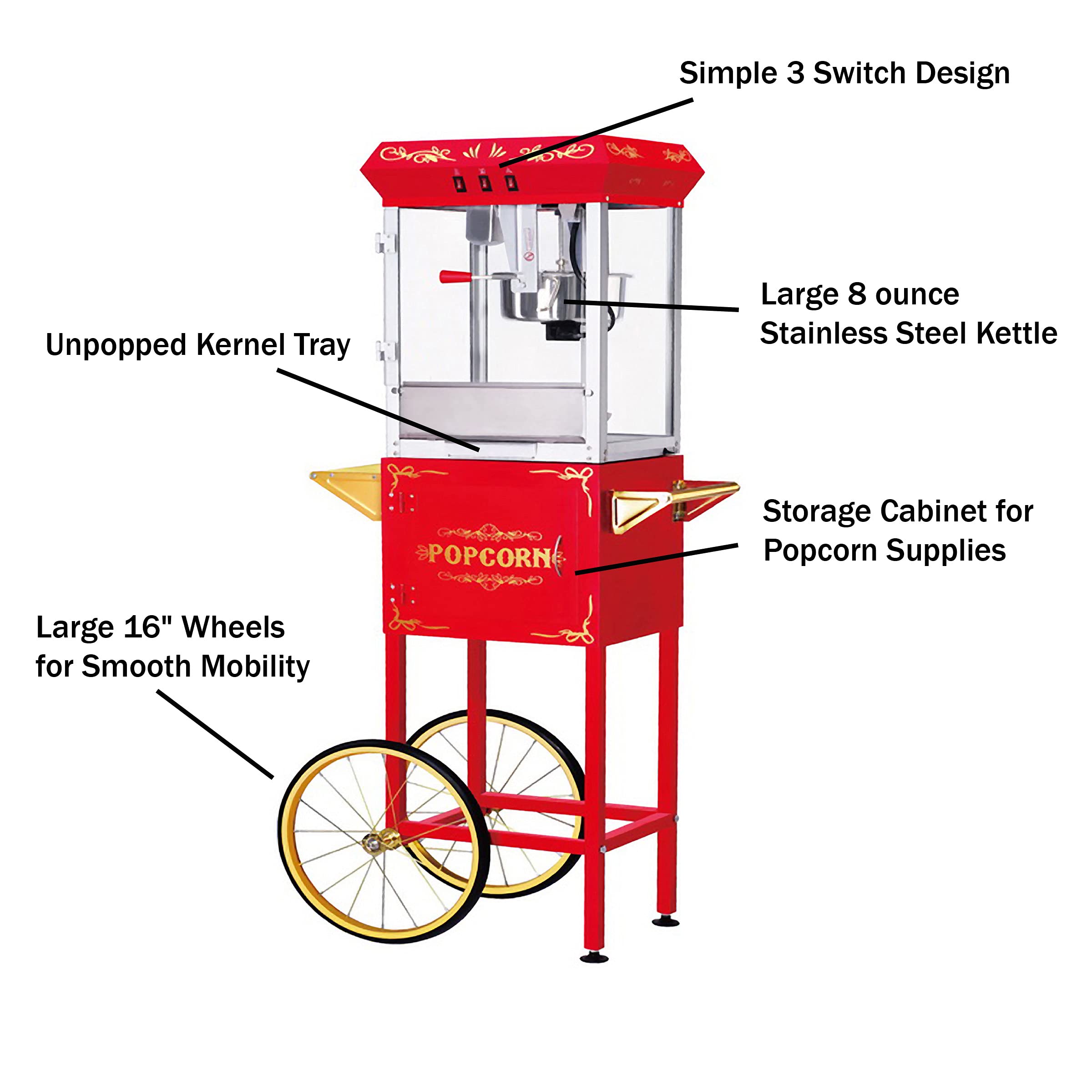 Great Northern Popcorn Foundation Popcorn Machine with Cart 8oz Popper with Stainless-Steel Kettle, Warming Light, and Accessories, (Red)