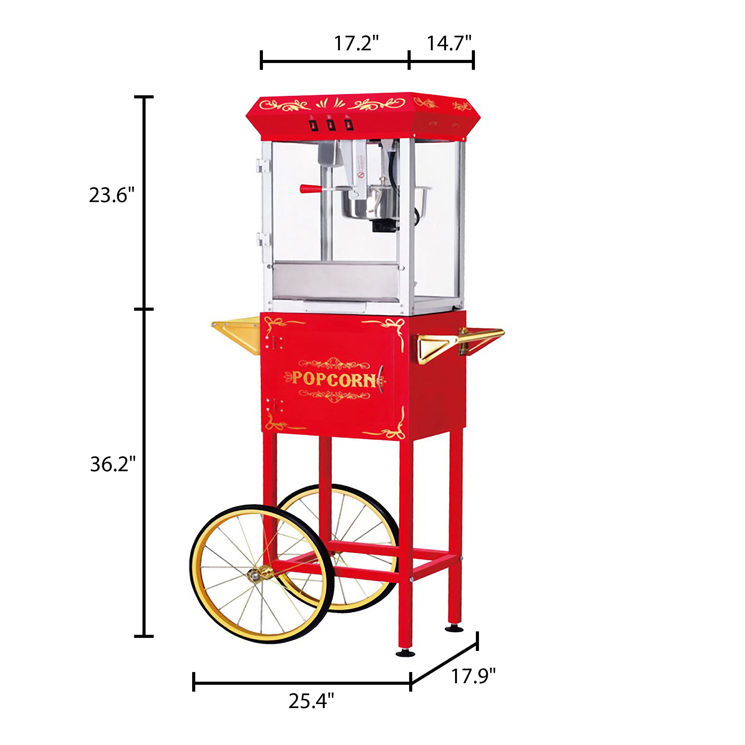 Great Northern Popcorn Foundation Popcorn Machine with Cart 8oz Popper with Stainless-Steel Kettle, Warming Light, and Accessories, (Red)