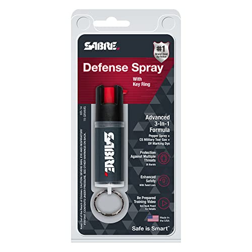 SABRE Defense Spray With Key Ring, 25 Bursts, 10-Foot (3-Meters) Range, 3-in-1 Formula Contains Pepper Spray, CS Military Tear Gas And UV Marking Dye, Twist Lock Safety, Black