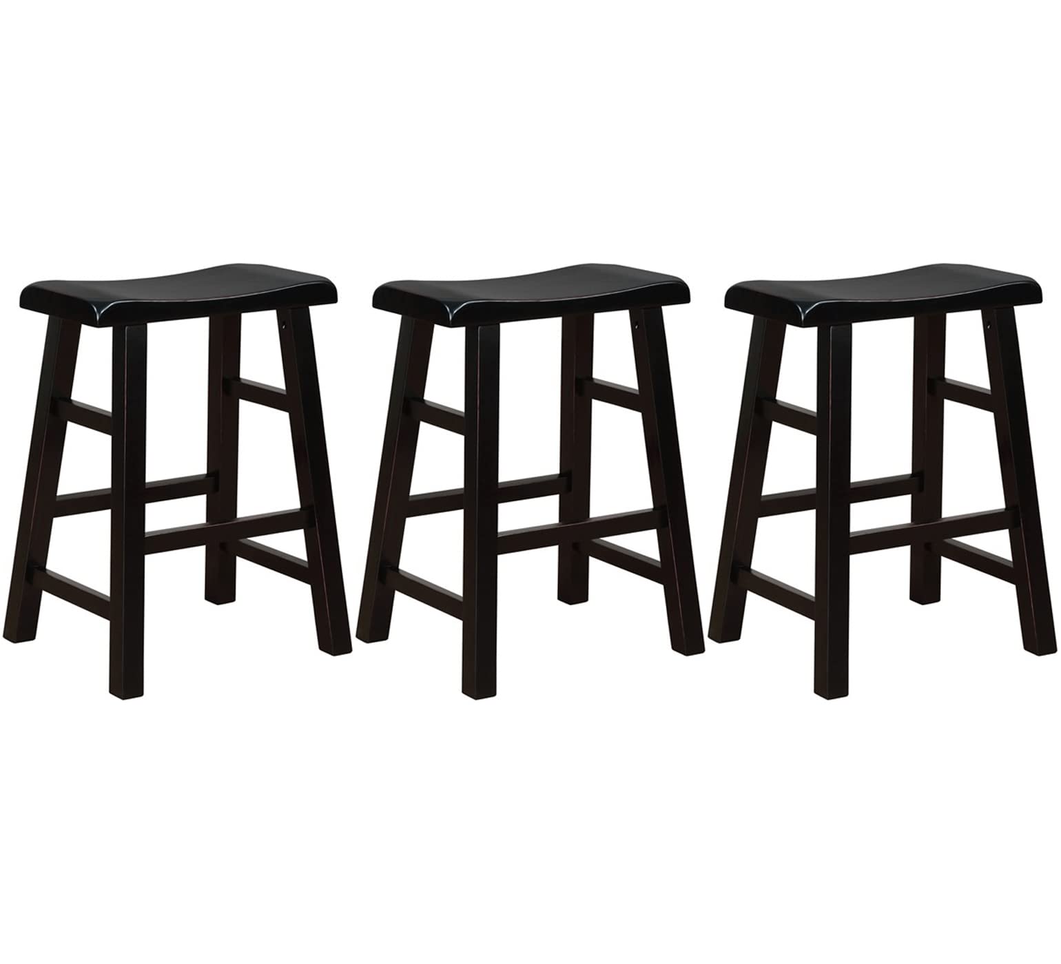 eHemco Heavy-Duty Solid Wood Saddle Seat Kitchen Counter Height Barstools, 24 Inches, Black, Set of 3