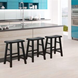 eHemco Heavy-Duty Solid Wood Saddle Seat Kitchen Counter Height Barstools, 24 Inches, Black, Set of 3