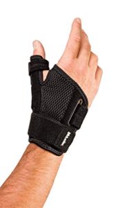 mueller adjust-to-fit thumb stabilizer - unisex, black, one size fits most, ideal for de quervains tenosynovitis brace, thumb brace for arthritis pain and support, can be worn on both hands, black