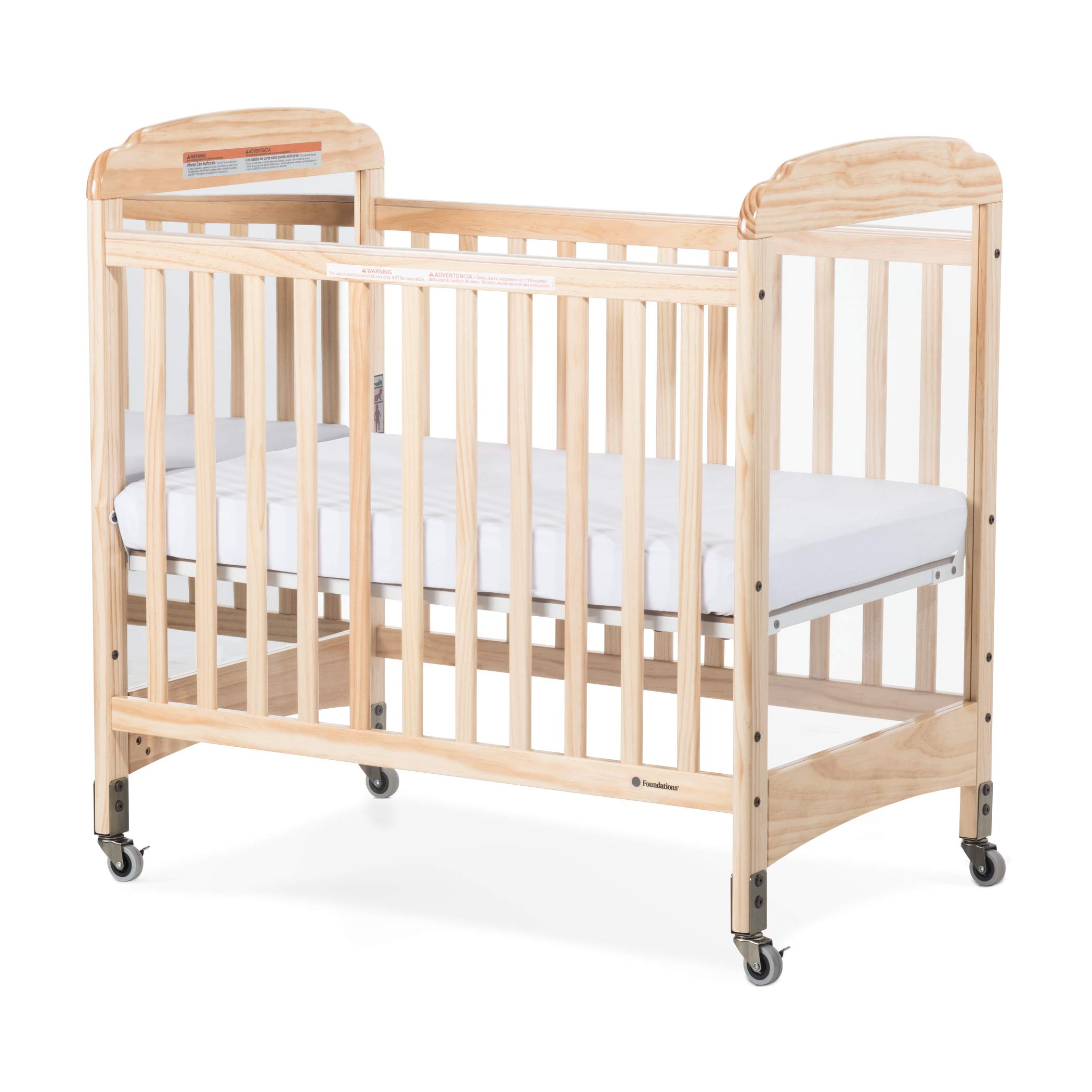 Foundations Serenity Compact Daycare Crib, Fixed Side, Features Mirrorview End Panels and Slatted Side Panels, Durable Wood Construction, Includes 3” InfaPure Foam Mattress (Natural)