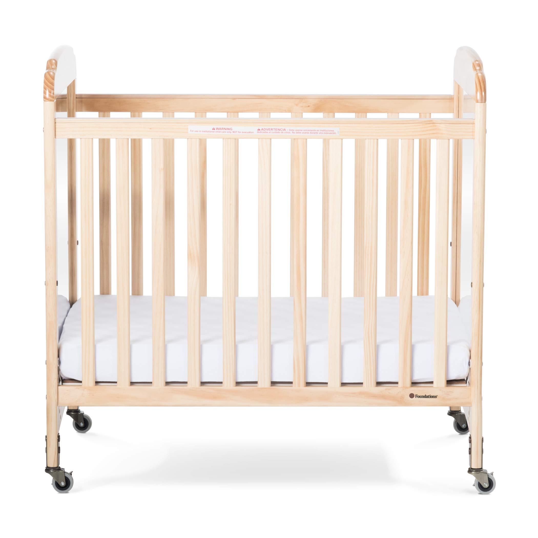 Foundations Serenity Compact Daycare Crib, Fixed Side, Features Mirrorview End Panels and Slatted Side Panels, Durable Wood Construction, Includes 3” InfaPure Foam Mattress (Natural)