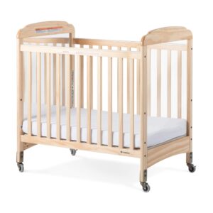 Foundations Serenity Compact Daycare Crib, Fixed Side, Features Mirrorview End Panels and Slatted Side Panels, Durable Wood Construction, Includes 3” InfaPure Foam Mattress (Natural)