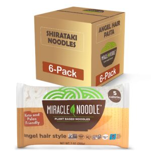 miracle noodle angel hair pasta - plant based shirataki noodles, konjac noodles, vegan, gluten-free, low carb pasta, paleo, low calorie noodles, soy free, non-gmo, keto pasta noodles - 7 oz, 6-pack