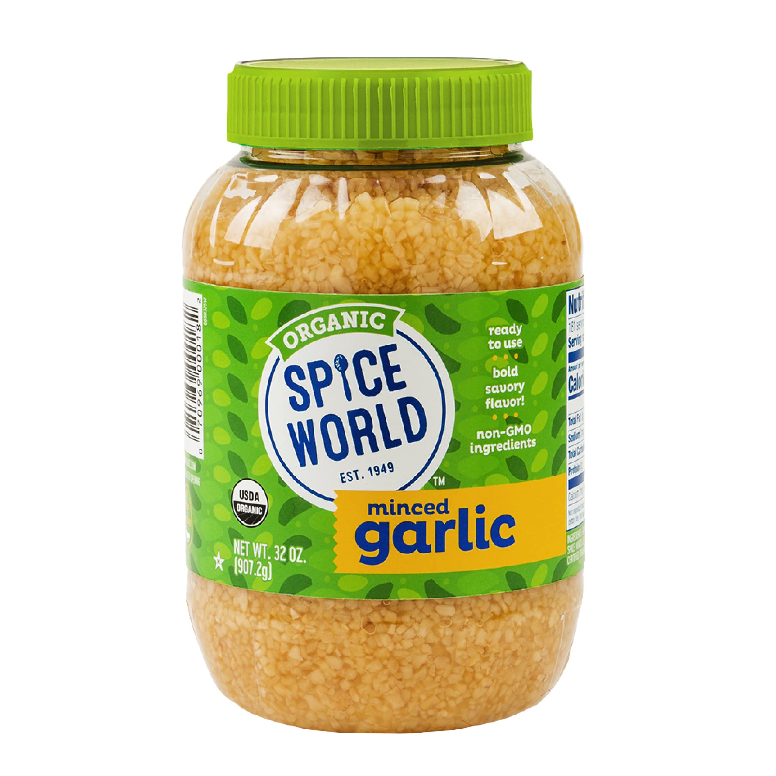 Spice World Organic Minced Garlic – Bulk 32oz Garlic Container, USDA Certified Organic Garlic with Non-GMO Ingredients – Ready-to-Use Seasonings for Cooking, Reduce Prep Work and Easily Add Flavor