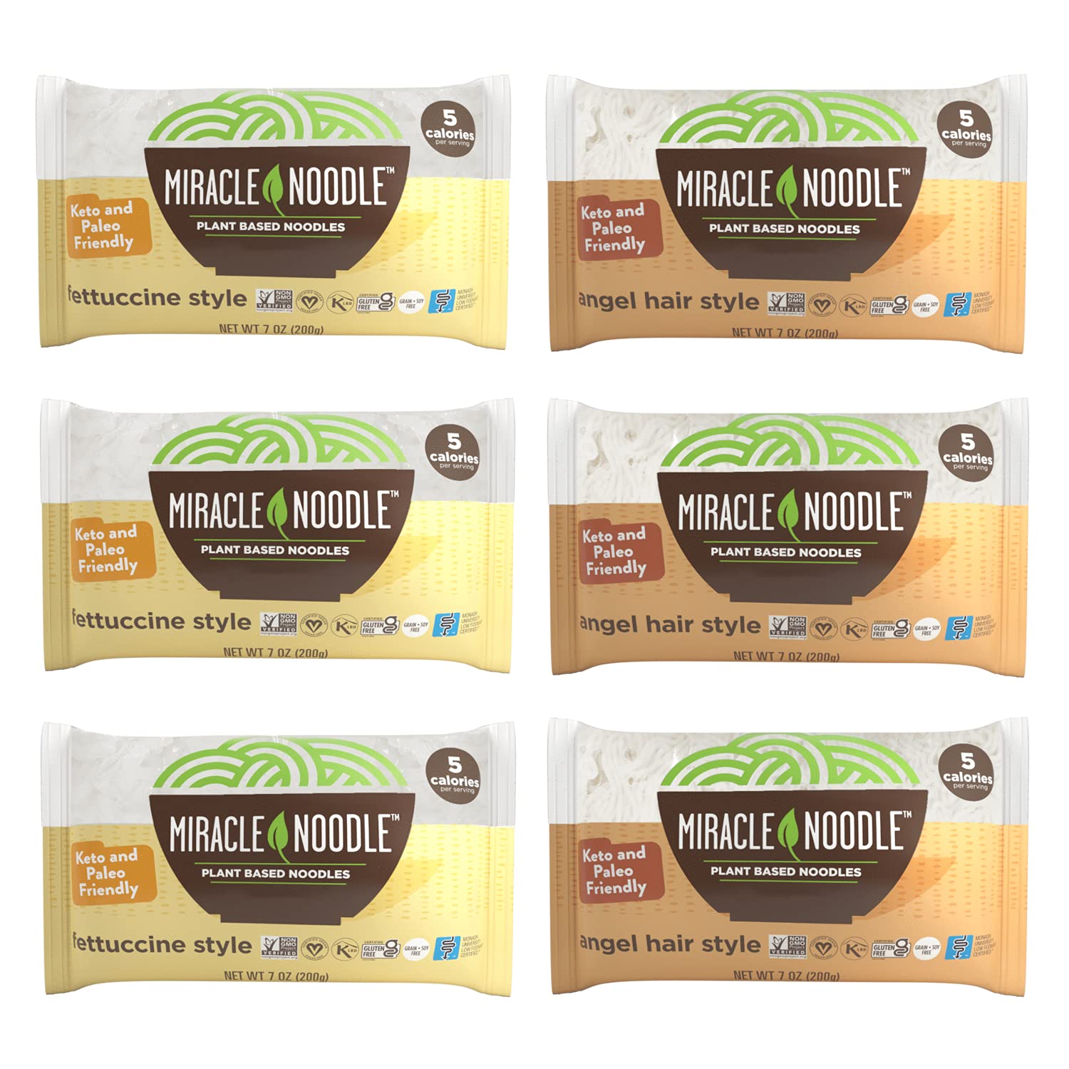 Miracle Noodle Variety Pack (Fettuccine & Angel Hair) - Shirataki & Konjac Noodles, Keto, Vegan, Gluten-Free, Low Carb, Paleo, Kosher, Low Calories, Soy Free, Non-GMO - 3 Packs of Each, 6-Pack