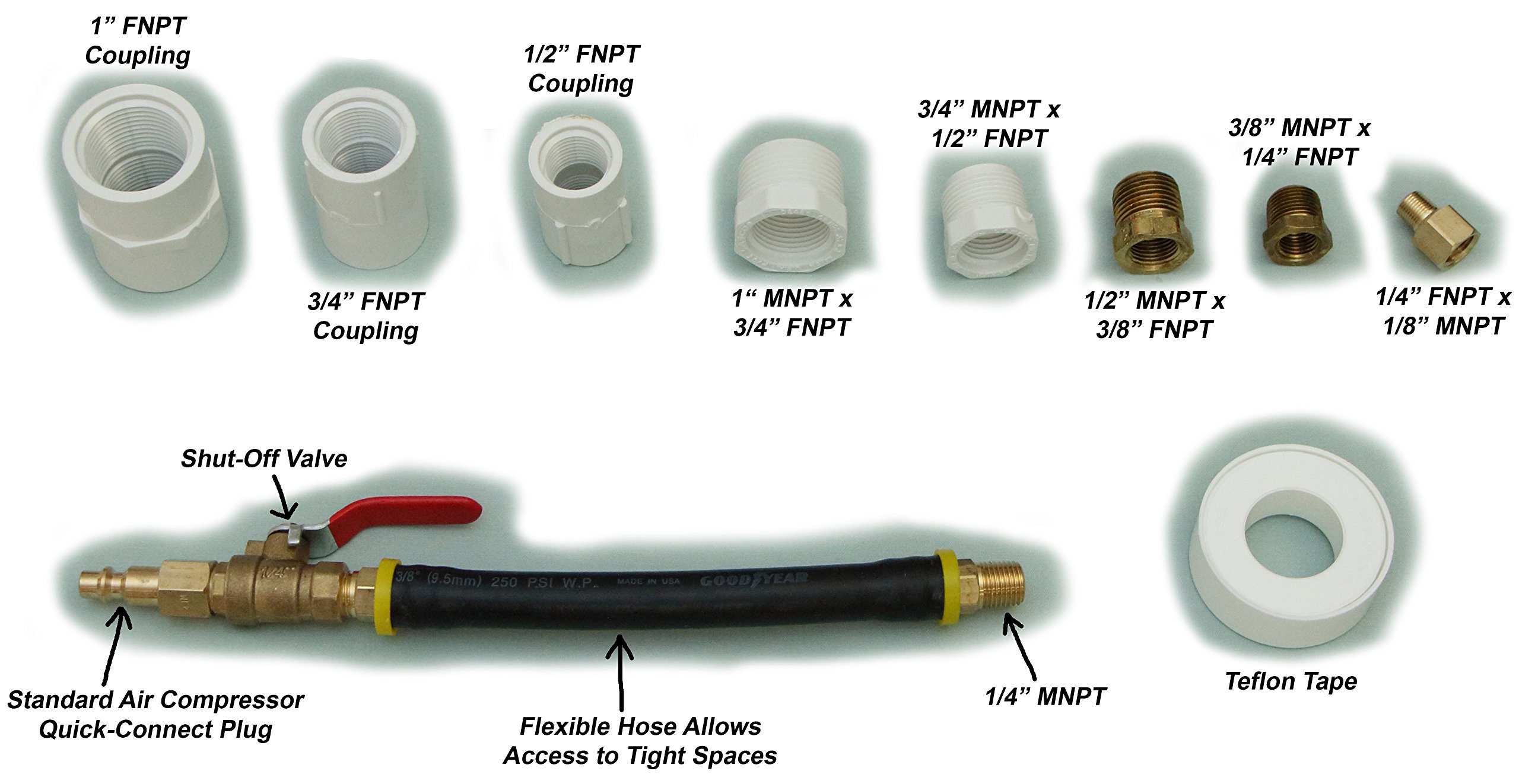 Winterize Sprinkler System Blow Out Adapter: Air Compressor to National Pipe Threads (NPT) Set with Shut Off Valve - Contains all common sizes!