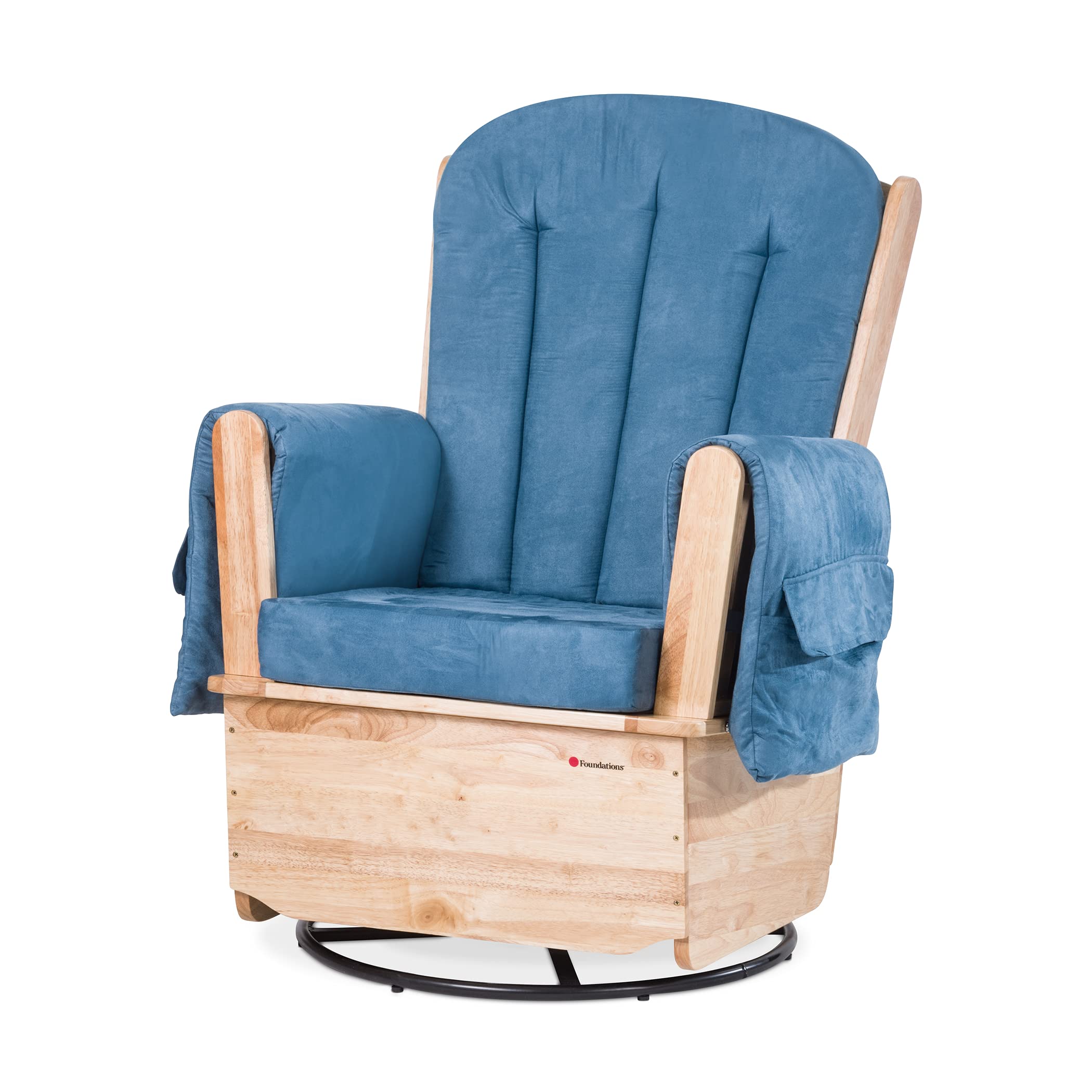 Foundations SafeRocker Glider Rocker Chair with Steel Swivel for Nursery or Daycare, Solid Wood and Steel Base, Durable Microfiber, Side Storage Pockets, Can be Removed and Laundered (Blue)