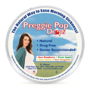 preggie pop drops - 21 drops - morning sickness relief during pregnancy - safe for pregnant mom & baby - gluten free - four flavors: lemon, raspberry, green apple, tangerine