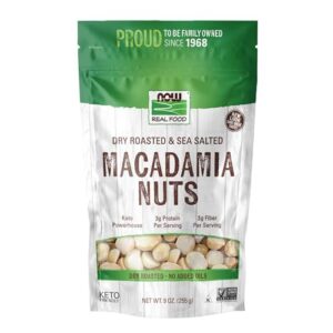 now foods, macadamia nuts, dry roasted with sea salt, source of fiber, gluten-free and certified non-gmo, 9-ounce (packaging may vary)