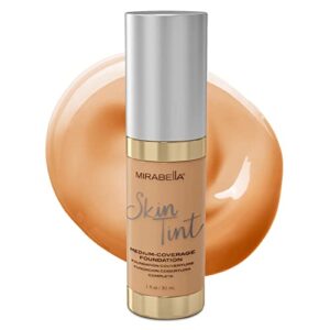 mirabella skin tint creme liquid foundation, oil-free mineral foundation with medium coverage delivers age-defying benefits and hydration with hyaluronic acid, squalane, & allantoin