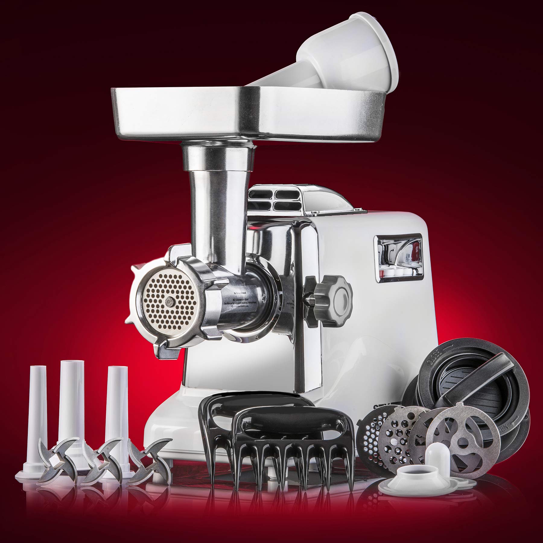 STX International Megaforce 3000 Powerful Air Cooled 5-In-1 Electric Meat Grinder • Sausage Stuffer (3 Sizes) • Kubbe Maker • Patty Press • 2 Meat Claws • 3 Stainless Steel Blades • 4 Grinding Plates