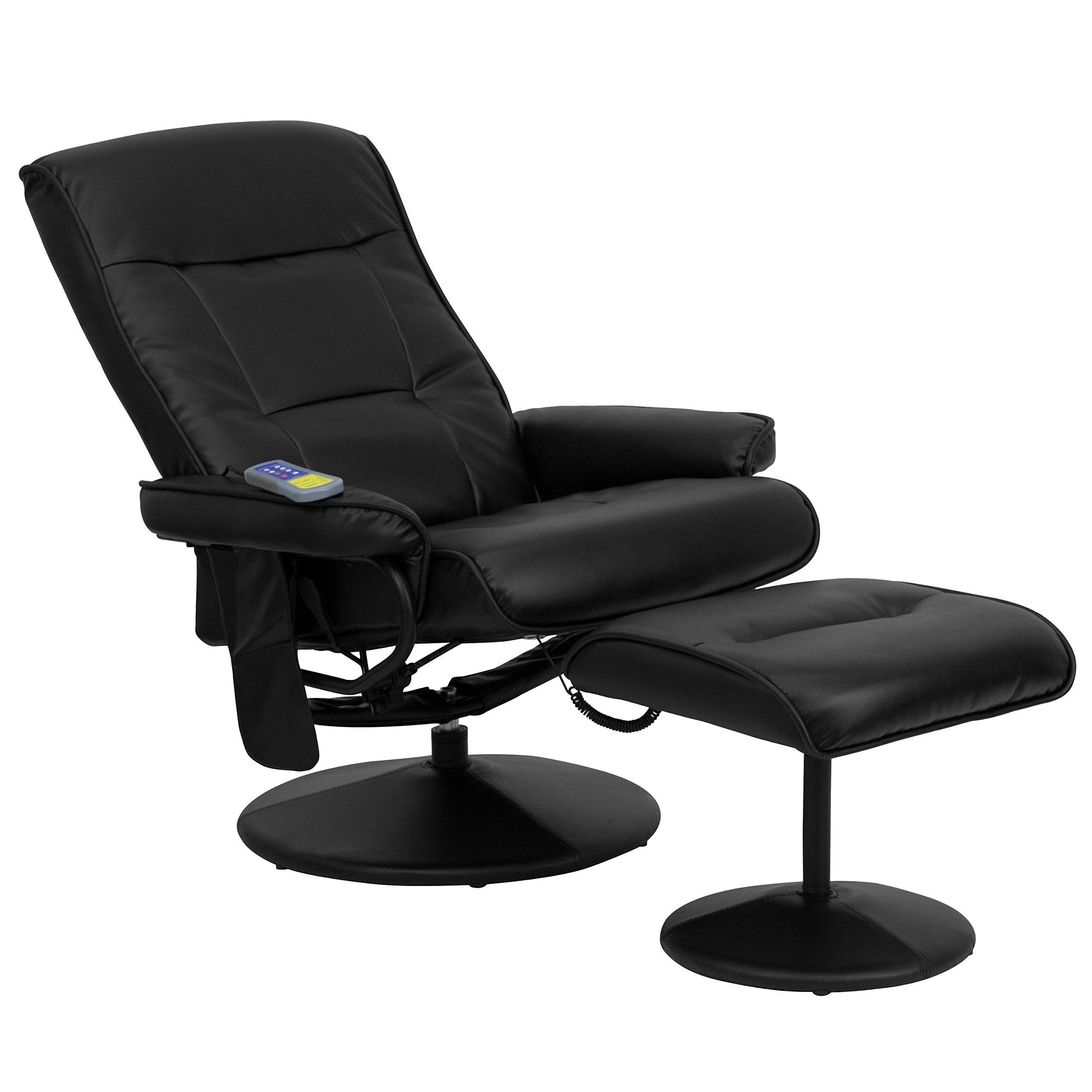 Flash Furniture Whitney Massaging Multi-Position Recliner with Side Pocket and Ottoman in Black LeatherSoft