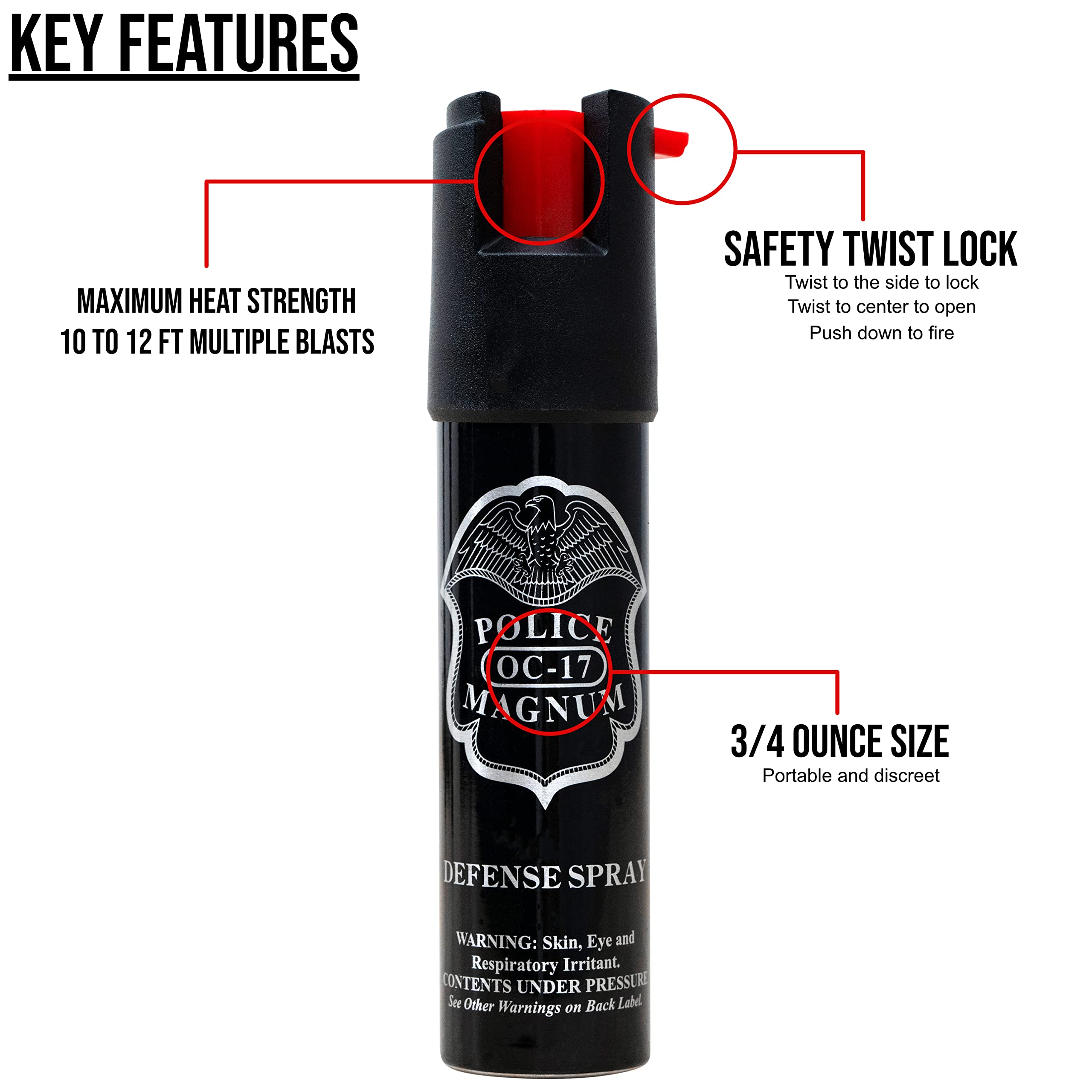 Police Magnum Compact Pepper Spray Self Defense- Tactical Maximum Heat Strength OC- Small Discreet Carry Canister- Made in The USA- 3 Pack 3/4oz TL