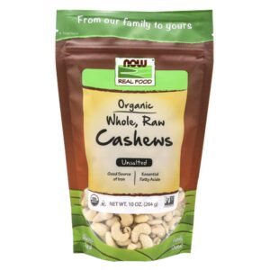 now foods, certified organic cashews, whole, raw and unsalted, rich buttery flavor, source of fiber, protein and iron, certified non-gmo, 10-ounce (packaging may vary)