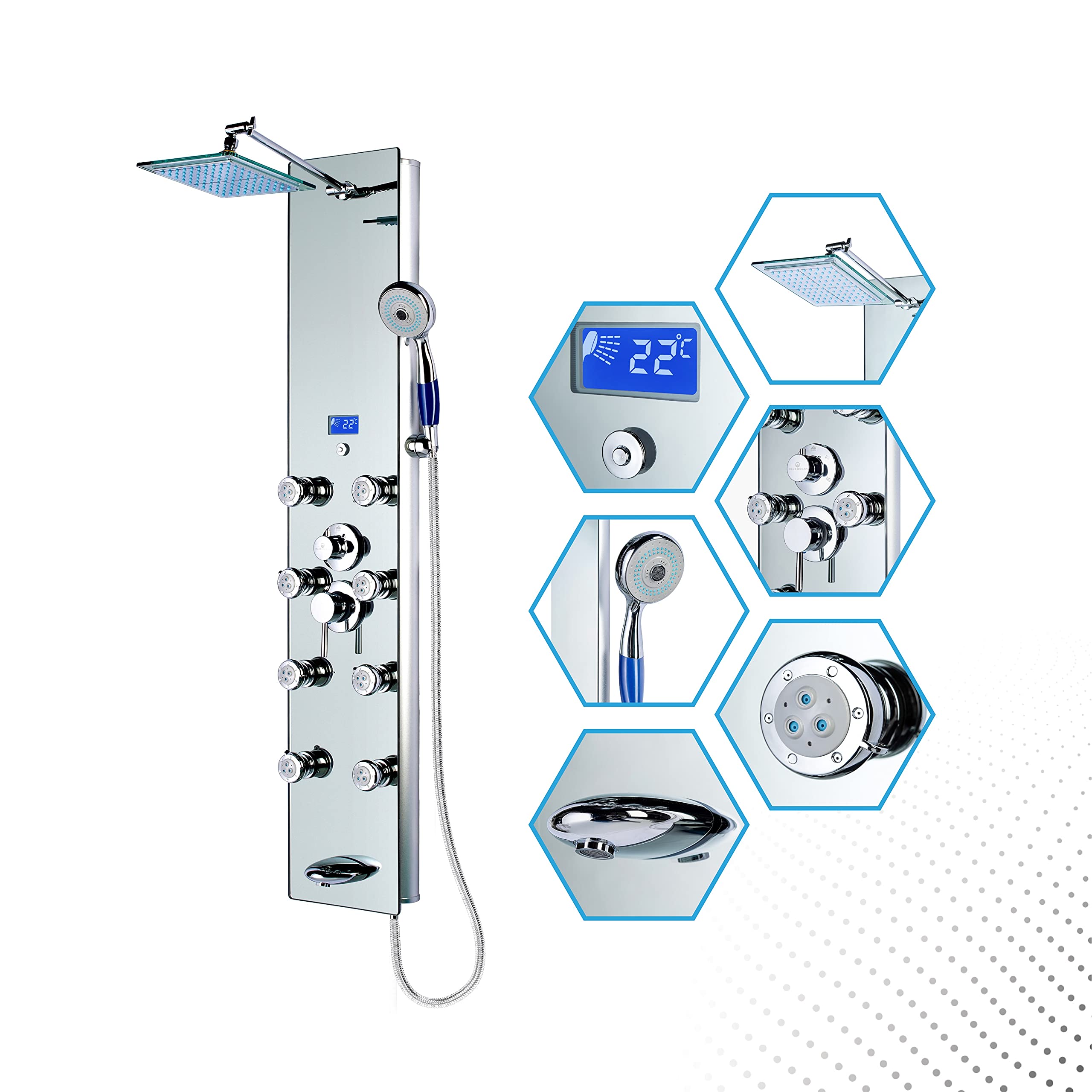 Blue Ocean 52" Aluminum SPA392M Shower Panel Column Tower with Rainfall Shower Head, 8 Multi-functional Nozzles