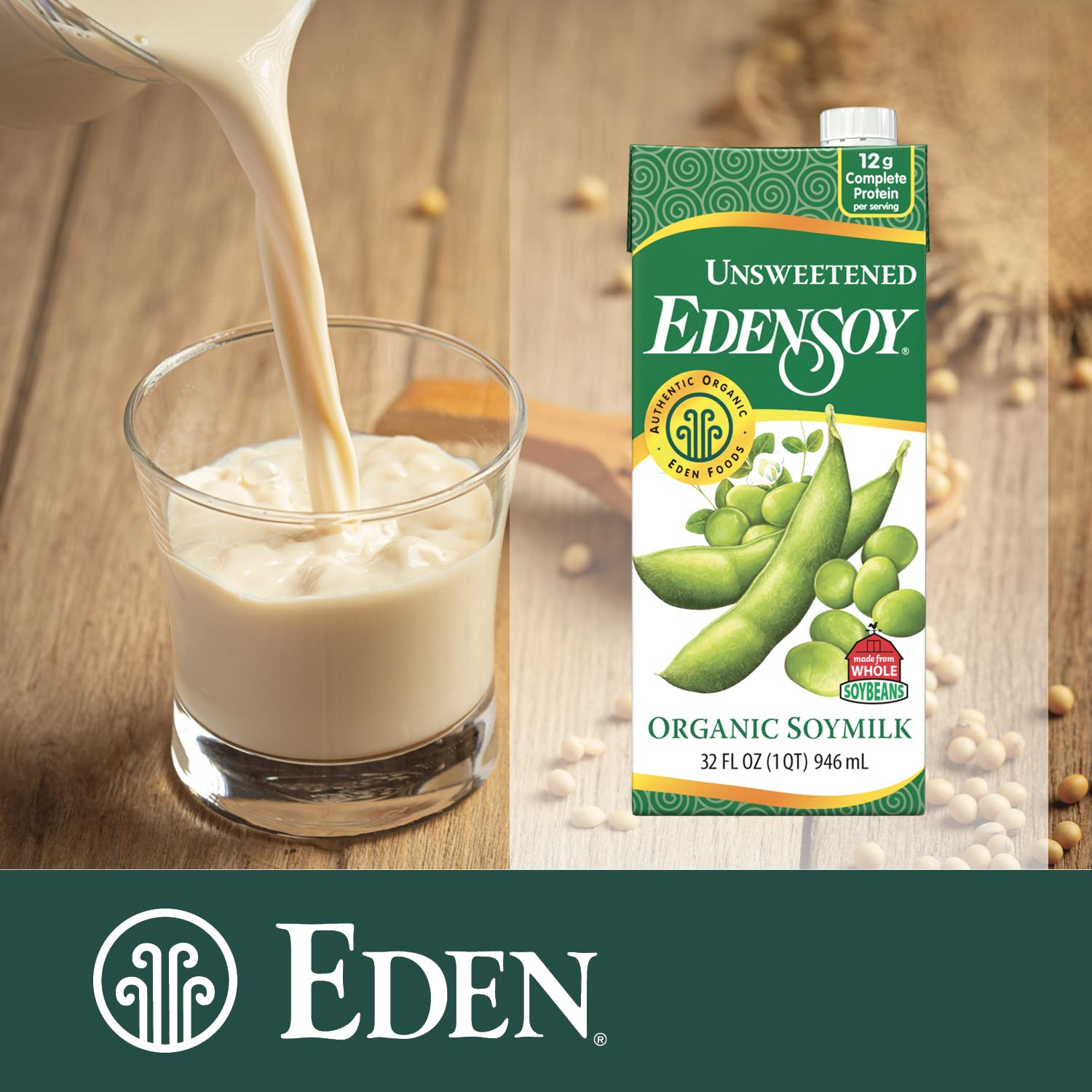 Edensoy Unsweetened Eden Organic Soymilk, Non-GMO, USA Whole Soy (Soya) Milk, Non-Dairy, Vegan, Plain, Shelf Stable, 32 oz (6-Pack)