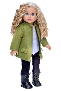 - autumn stroll - 4 piece outfit for 18 inch doll - green coat, white blouse, black velvet leggings, black boots (dolls not included)