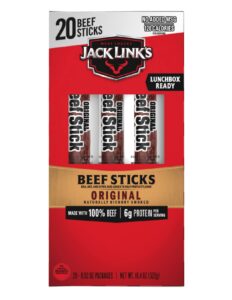 jack link's beef sticks, original – protein snack, meat stick with 6g of protein, made with 100% beef, individually wrapped beef snack sticks – 0.92 oz. (20 count)