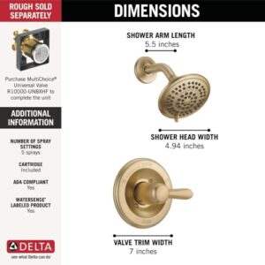 Delta Faucet Lahara 14 Series Single-Function Shower Faucet Set, 5-Spray Shower Head, Shower Handle, Gold Shower Faucet, Delta Shower Trim Kit, Champagne Bronze T14238-CZ (Valve Not Included)