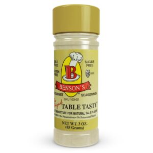 benson’s - table tasty salt substitute, salt-free gourmet popcorn seasoning, no sodium, no potassium chloride, no msg, gluten free, 3oz bottle with shaker top