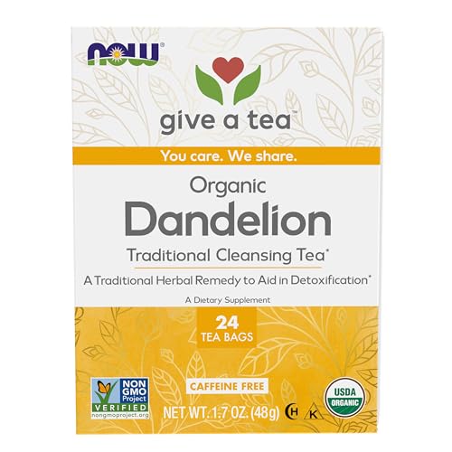 NOW Foods, Certified Organic Dandelion Traditional Cleansing Herbal Tea, Caffeine-Free, Non-GMO, Premium Unbleached Tea Bags with No-Staples Design, 24-Count