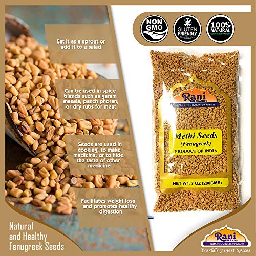 Rani Fenugreek (Methi) Seeds Whole 7oz (200g) Trigonella foenum graecum ~ All Natural | Vegan | Gluten Friendly | Non-GMO| Kosher | Indian Origin, used in cooking & Ayurvedic spice