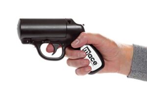 mace brand pepper spray gun with strobe led (matte black) — 20’ powerful pepper spray, leaves uv dye on skin, integrated led light enhances aim — mace self defense spray for women/men, made in the usa